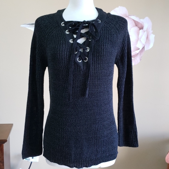 Love Tree | Sweaters | New Love Tree Black Long Sleeve Lace Up Front ...